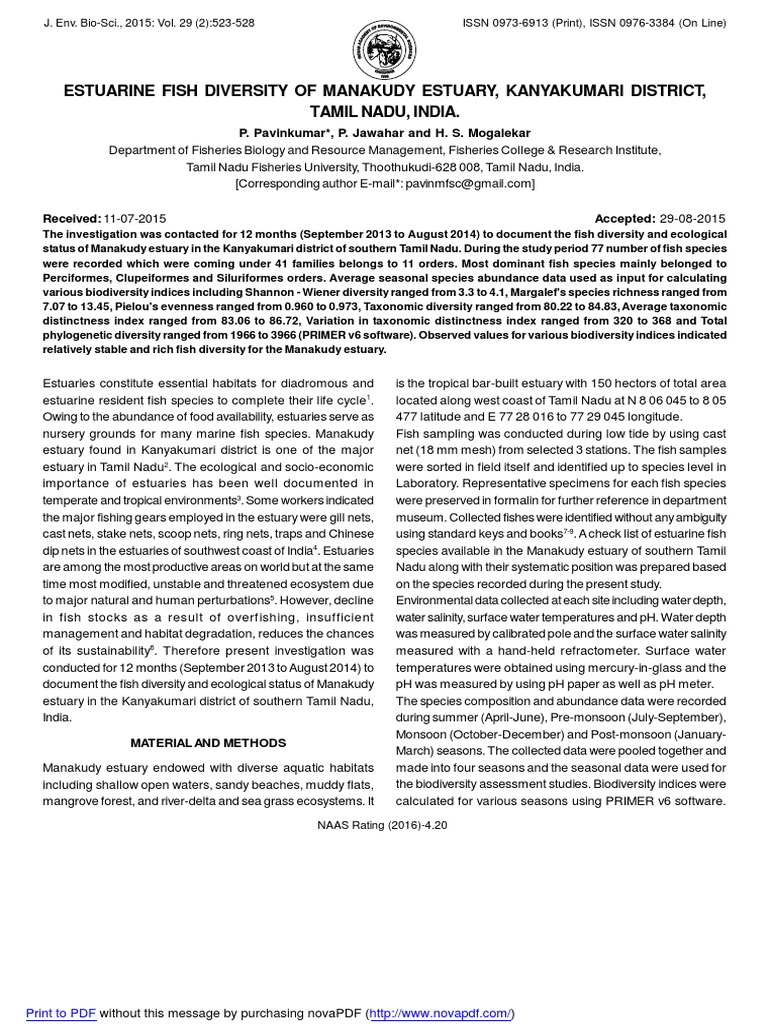 Estuarine Fish Diversity of Manakudy Estuary, Kanyakumari District ...