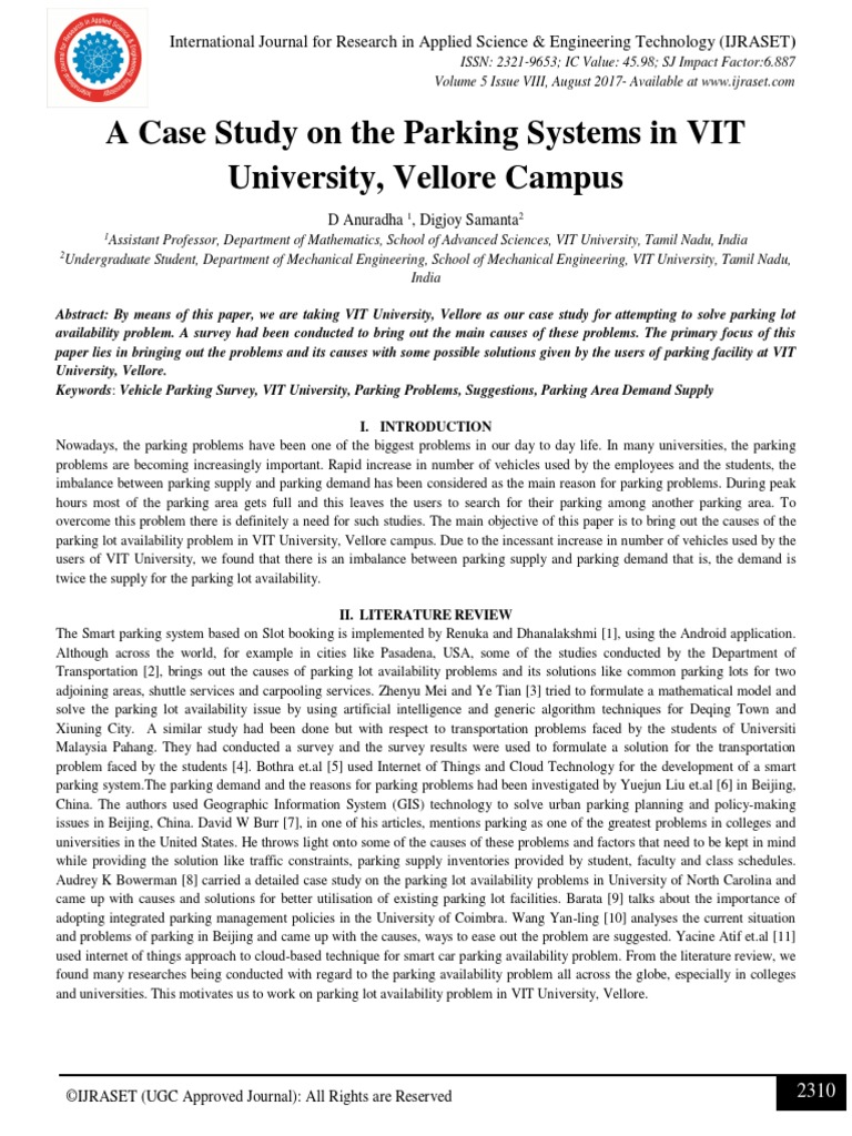 A Case Study On The Parking Systems in VIT University, Vellore Campus ...