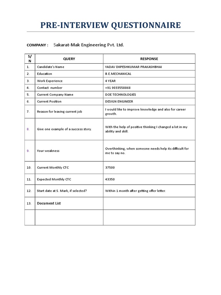 Pre Interview Questionnaire | PDF