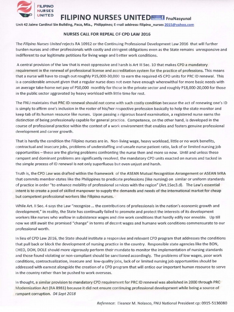 Position Paper of Filipino Nurses United Re CPD | PDF | Nursing