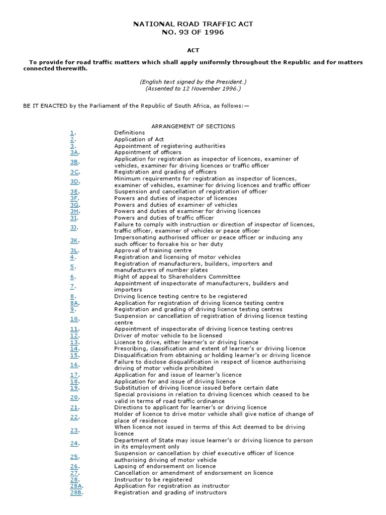 NATIONAL ROAD TRAFFIC ACT NO. 93 OF 1996 | Driver's License | Road