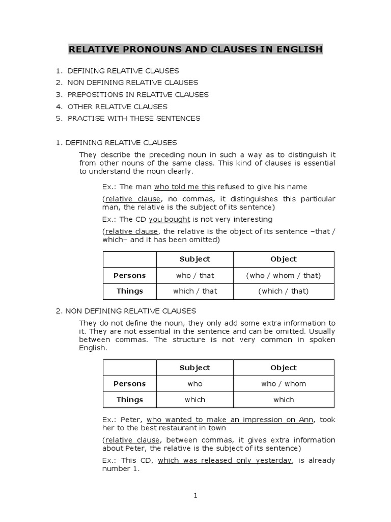 Relative Pronouns and Clauses in English Answers | PDF | English ...