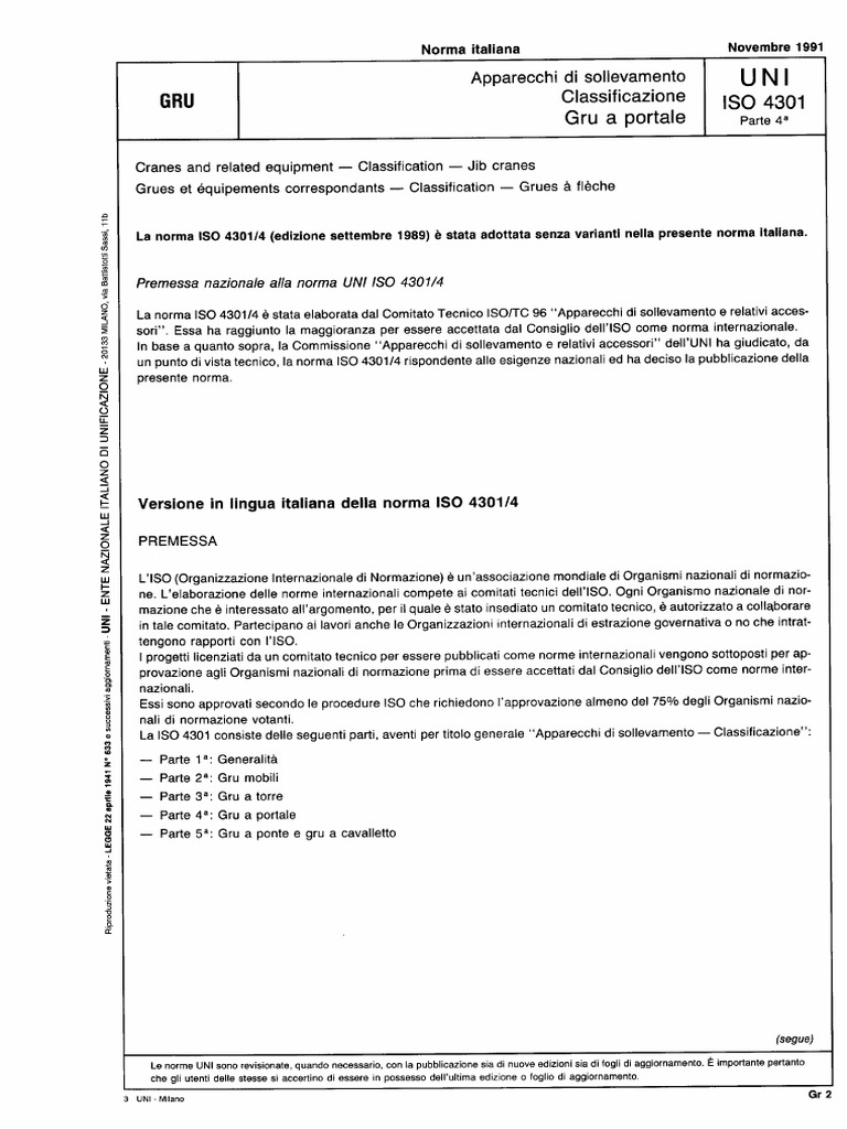 UNI ISO 4301-4 (1991) Apparecchi Sollevamento. Classificazione. Gru A Portale | PDF