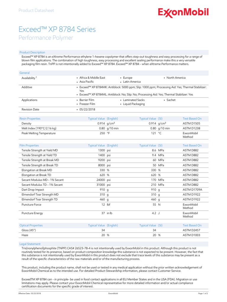Exceed XP 8784 Series | PDF | Chemical Substances | Ultimate Tensile ...