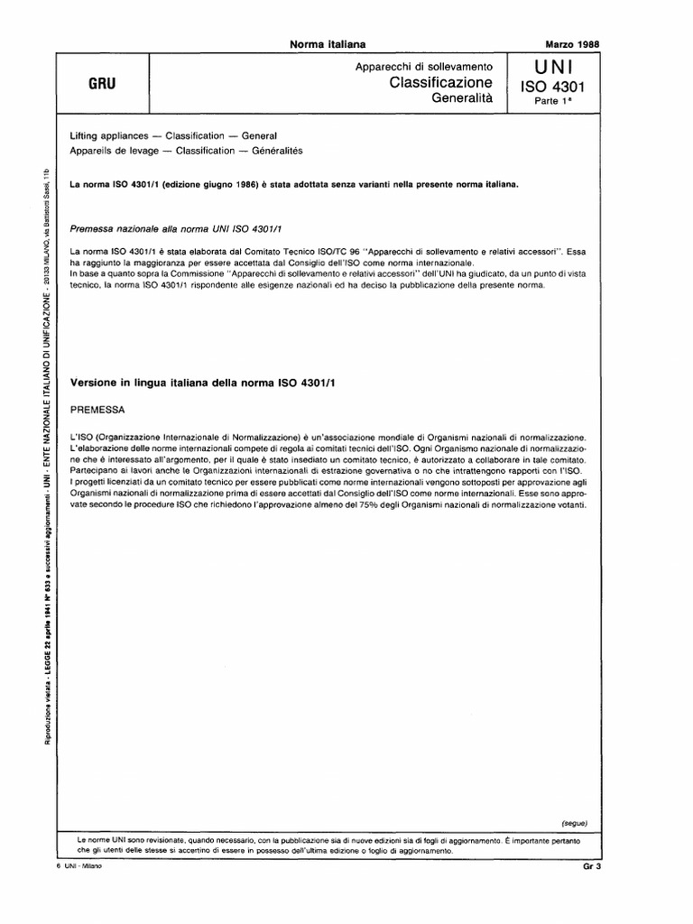 UNI ISO 4301-1 (1988) Apparecchi Di Sollevamento. Classificazione ...