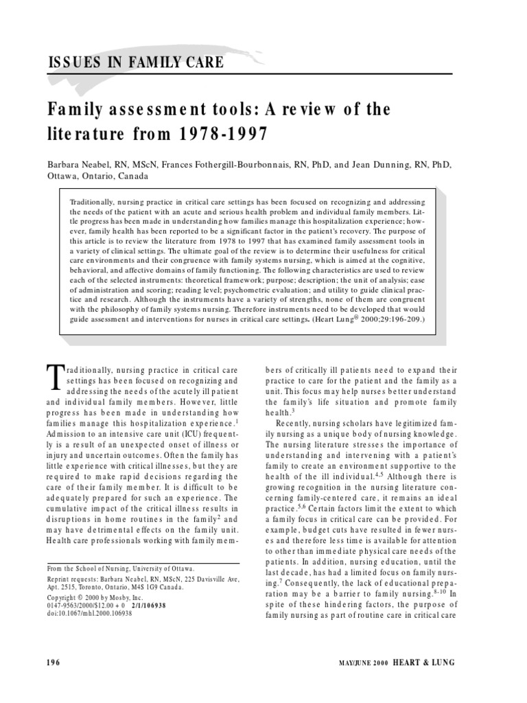 Family Assessment Tools: A Review of The Literature From 1978-1997 ...