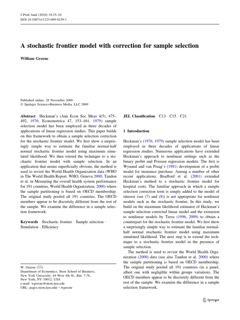 A Stochastic Frontier Model With Correction For Sample Selection | PDF ...