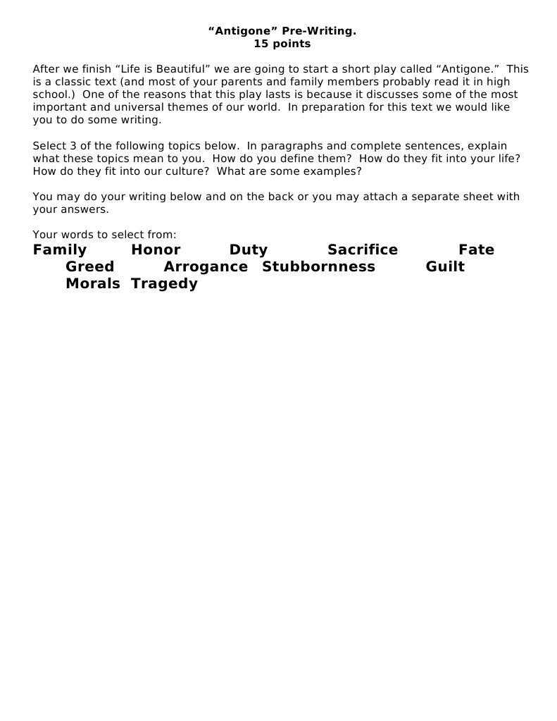 Antigone Pre-Writing Assignment | PDF