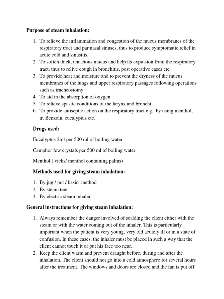 Steam Inhalation Procedure | PDF | Urine | Respiratory Tract
