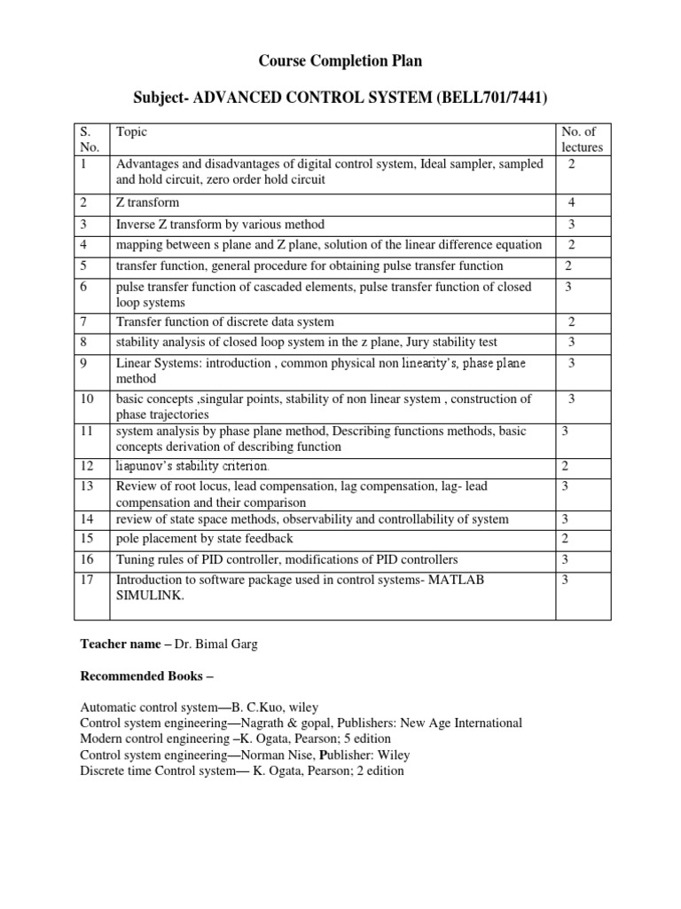 Course Completion Plan Subject-ADVANCED CONTROL SYSTEM (BELL701/7441 ...