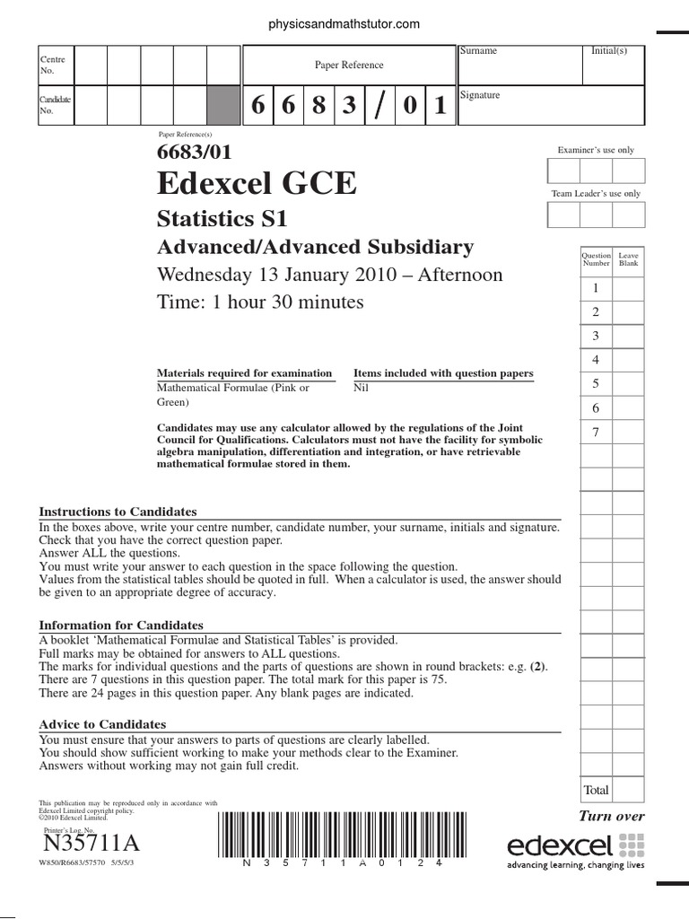 January 2010 QP - S1 Edexcel | PDF | Correlation And Dependence ...