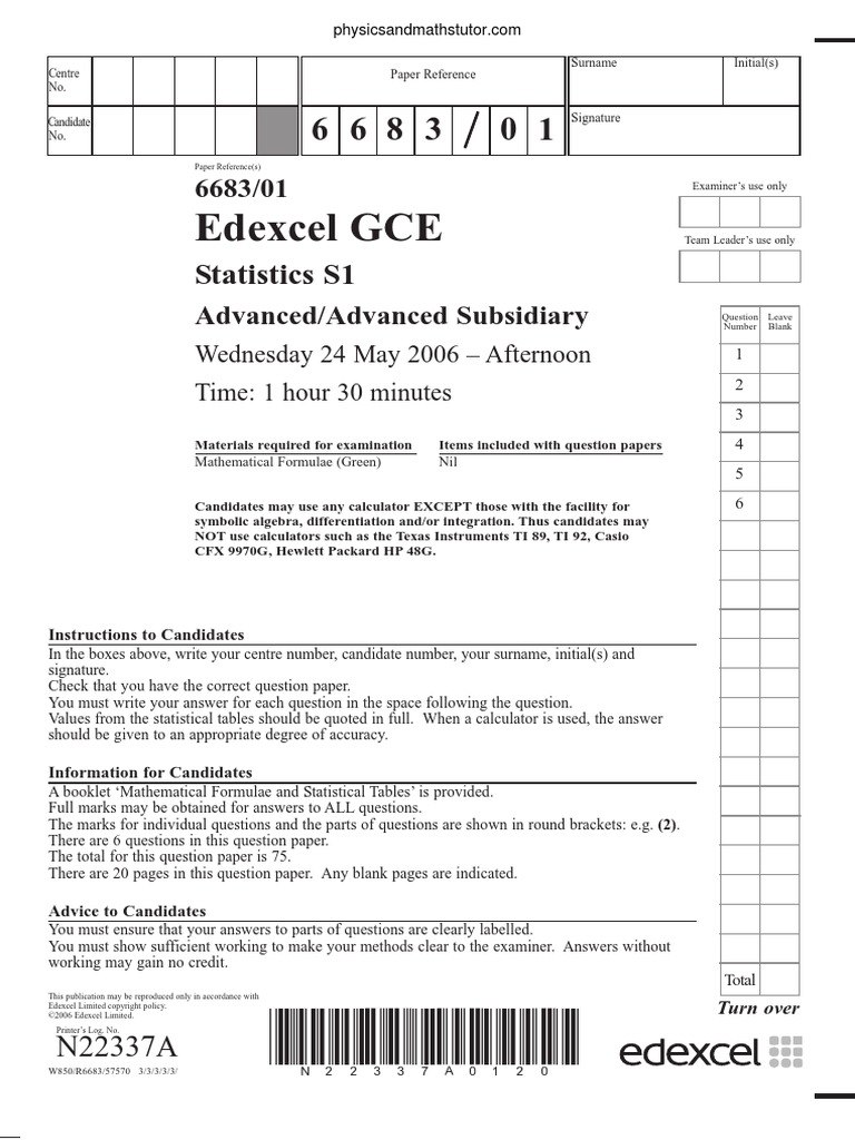 June 2006 QP - S1 Edexcel | PDF | Vector Autoregression | Calculator