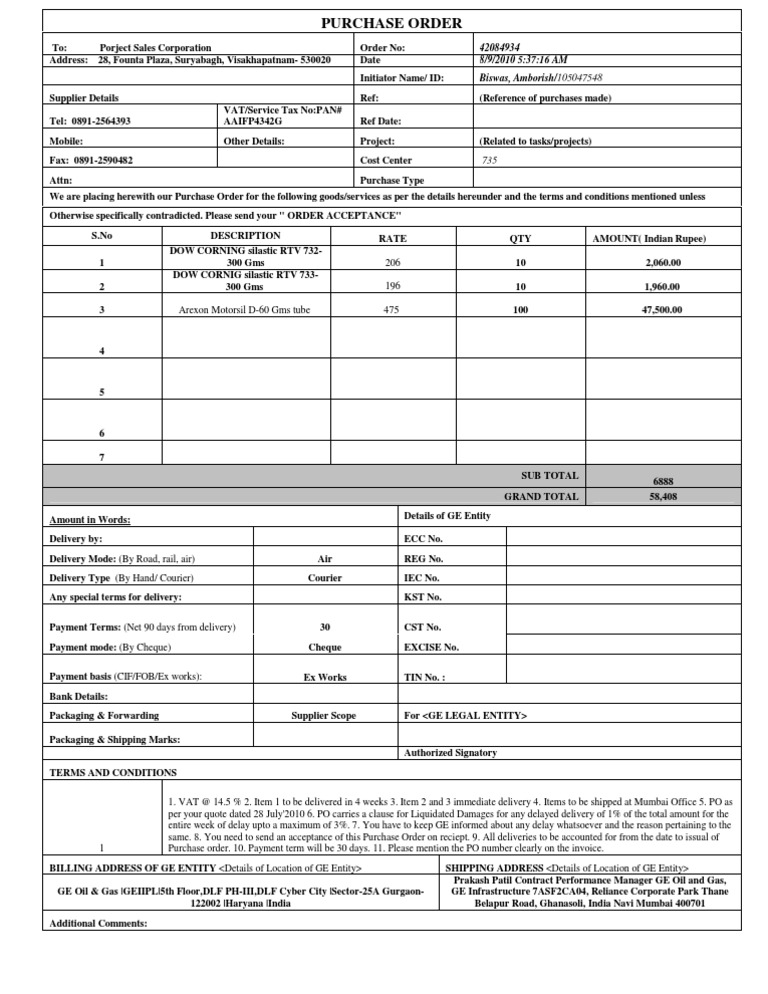 GE Oil & Gas PO Copy For Arexons Motorsil | PDF | Receipt | Services ...