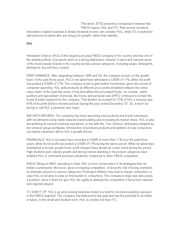 HUL vs ITC: Investment Insights | PDF | Unilever | Financial Economics