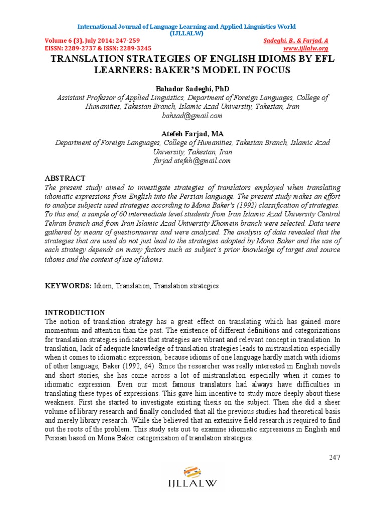 Translation Strategies of English Idioms by Efl Learners: Baker'S Model ...