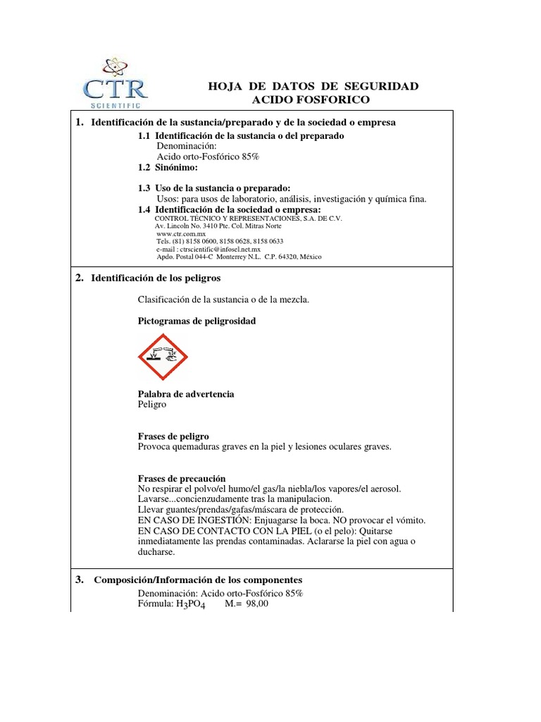 Seguridad Del ácido Fosfórico 85 Pdf Quemar Agua