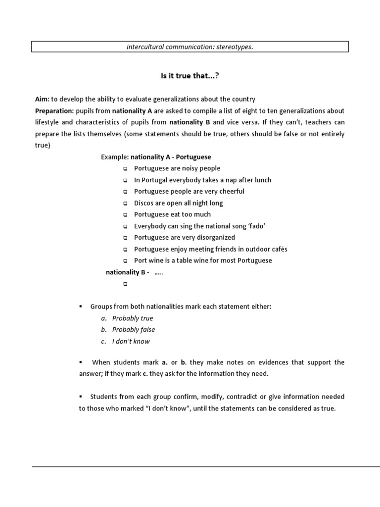 Stereotypes Exercise Students