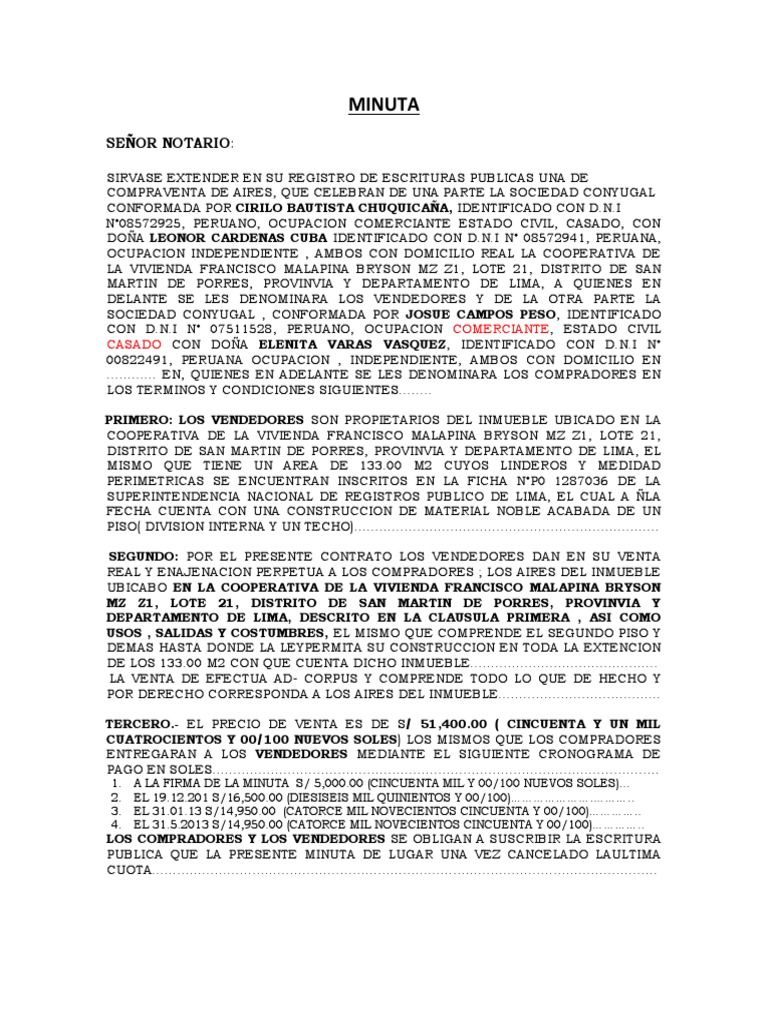 Minuta Compra Venta Segundo Piso A Plazos | PDF