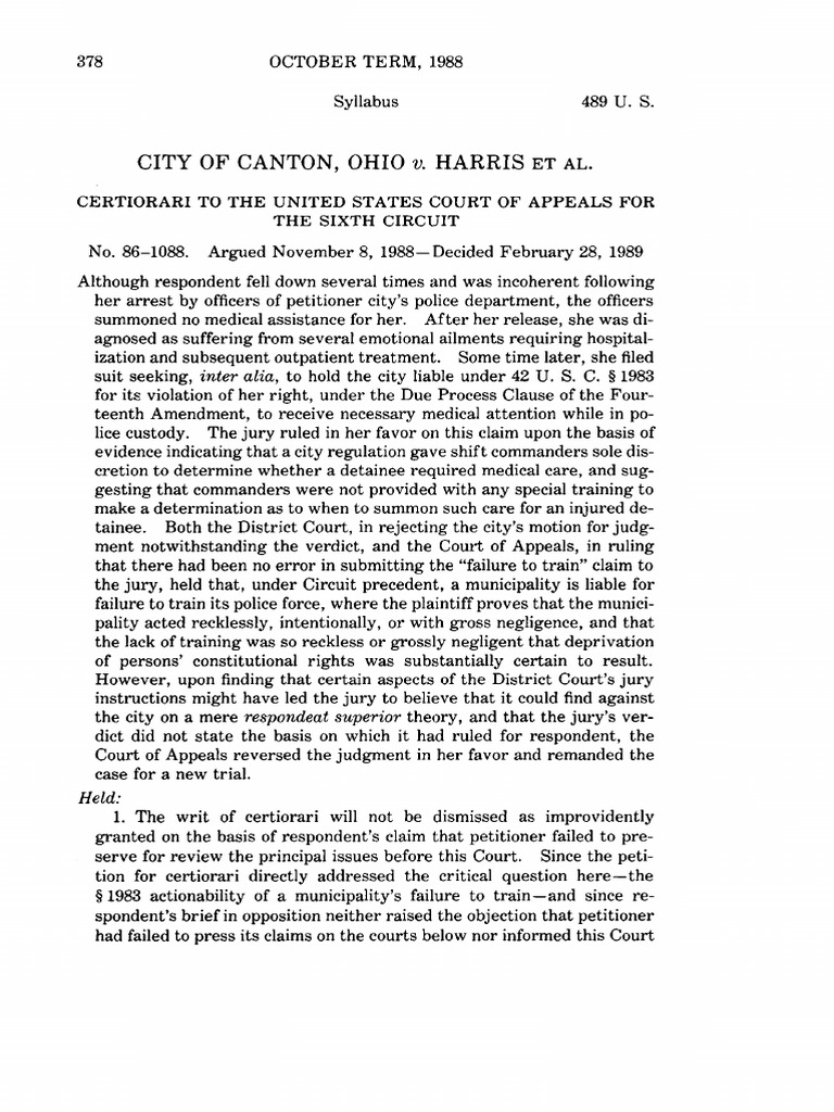 City of Canton, Ohio V Harris | PDF | Certiorari | Negligence