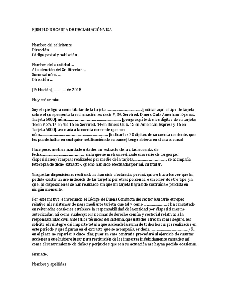 Ejemplo de Carta de Reclamacion. | Visa Inc. | Bancos