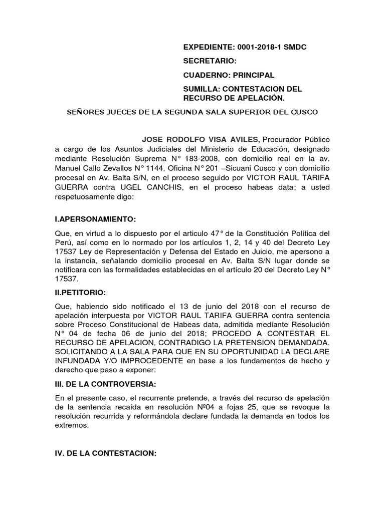 Contestacion A La Apelacion Pdf Apelación Sentencia Ley