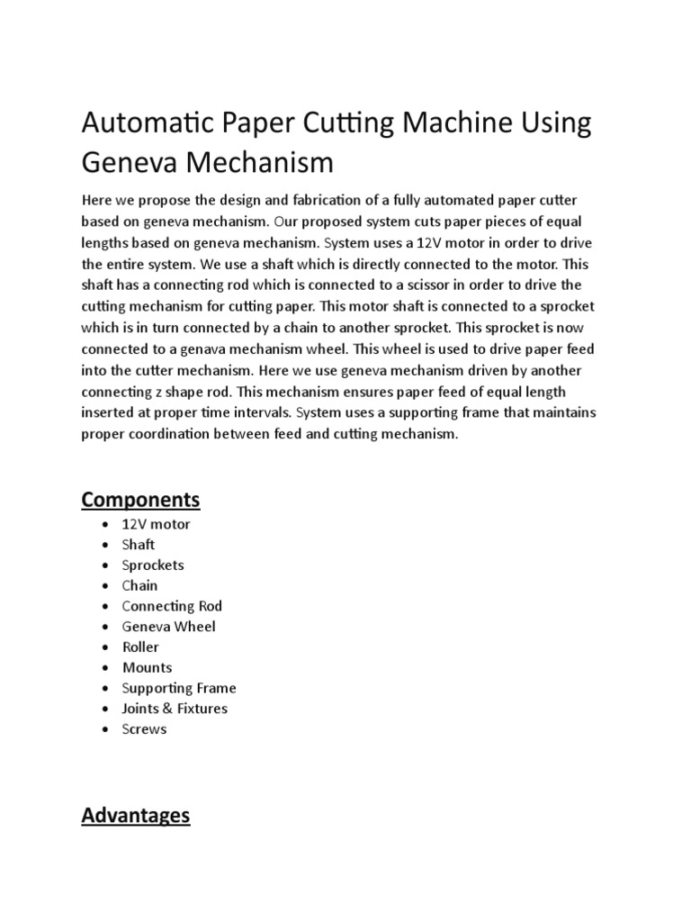 Automatic Paper Cutting Machine Using Geneva Mechanism: Components ...