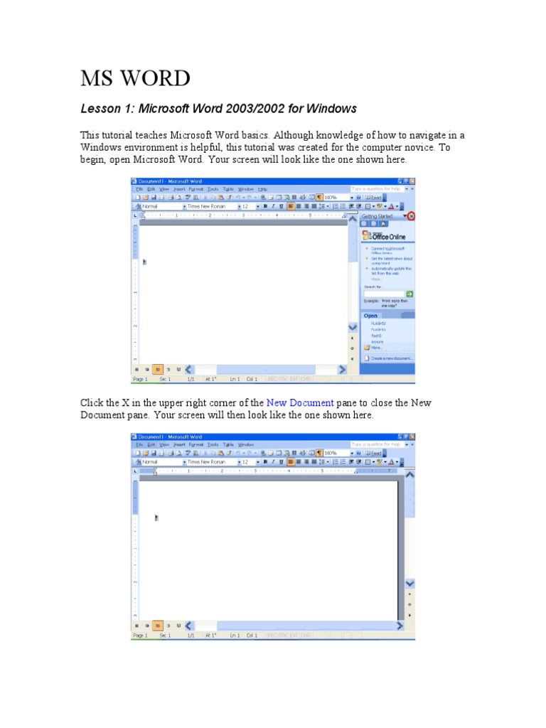 Ms Word: Lesson 1: Microsoft Word 2003/2002 For Windows | PDF | Menu ...