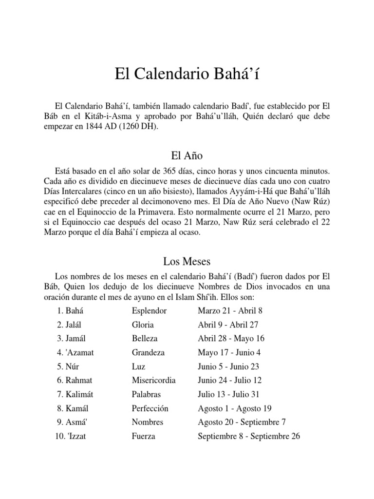 Calendario Bahá'í: Estructura y Feriados | PDF | Fe bahá'í