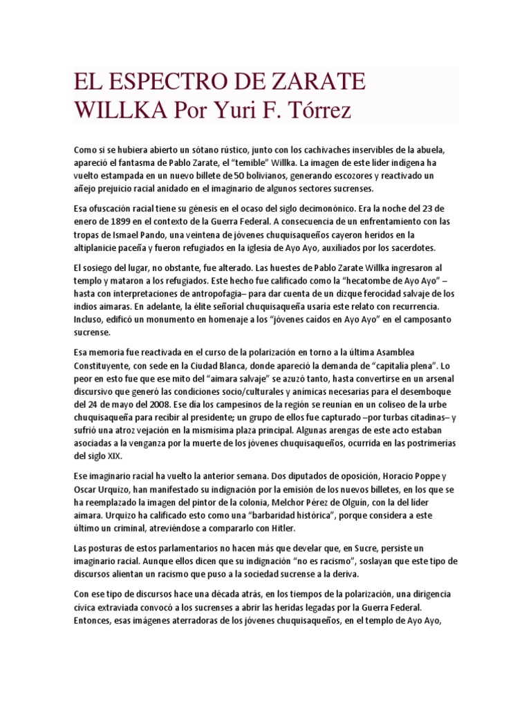 El Espectro de Zarate Willka Por Yuri F | PDF | Violencia | Agitación