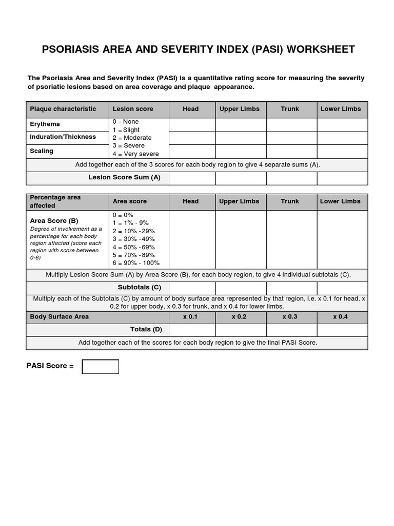 PASI Scoring Worksheet for Psoriasis | PDF