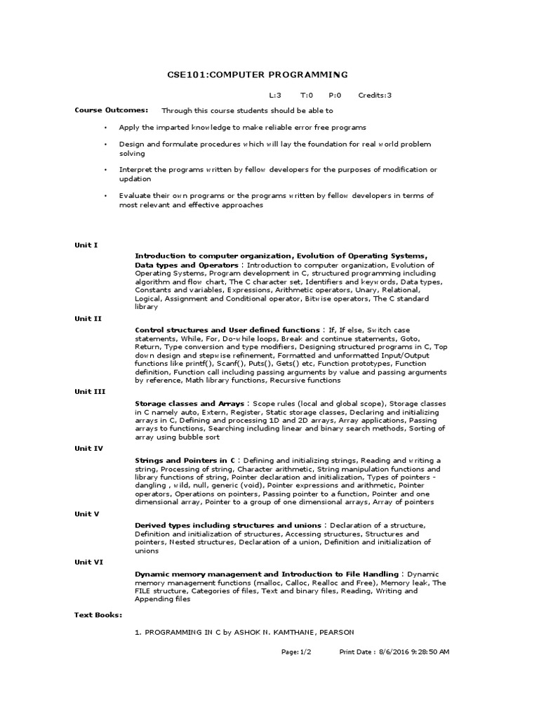 Cse101:Computer Programming: Page:1/2 Print Date: 8/6/2016 9:28:50 AM | PDF | C (Programming ...