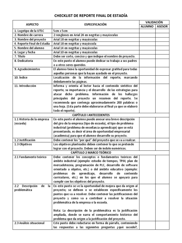 1 Checklist de Reporte Final de Estadía | PDF | Ingeniería de software ...