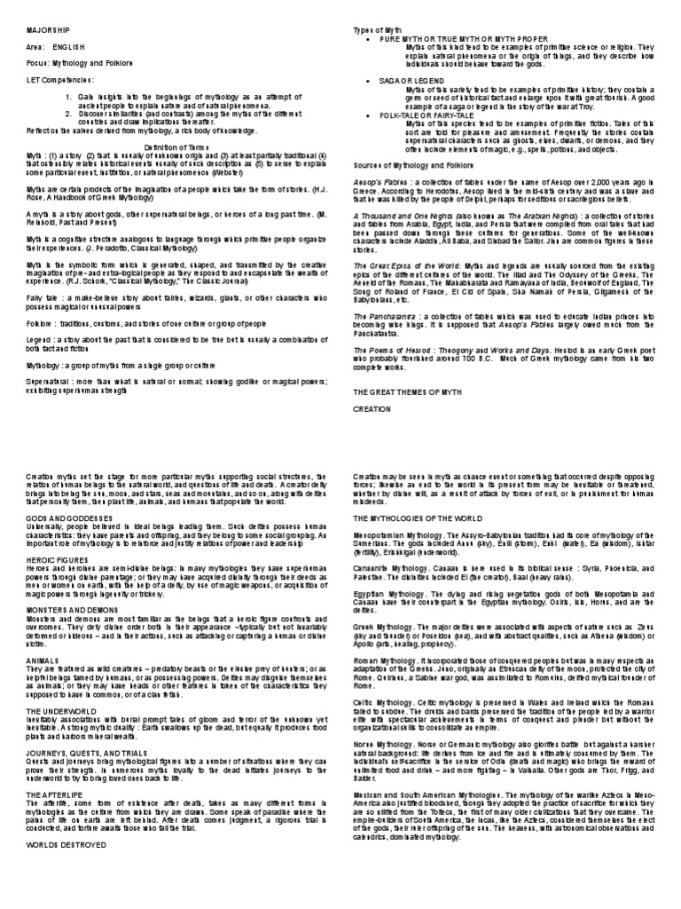 Majorship Area: English Focus: Mythology and Folklore LET Competencies ...