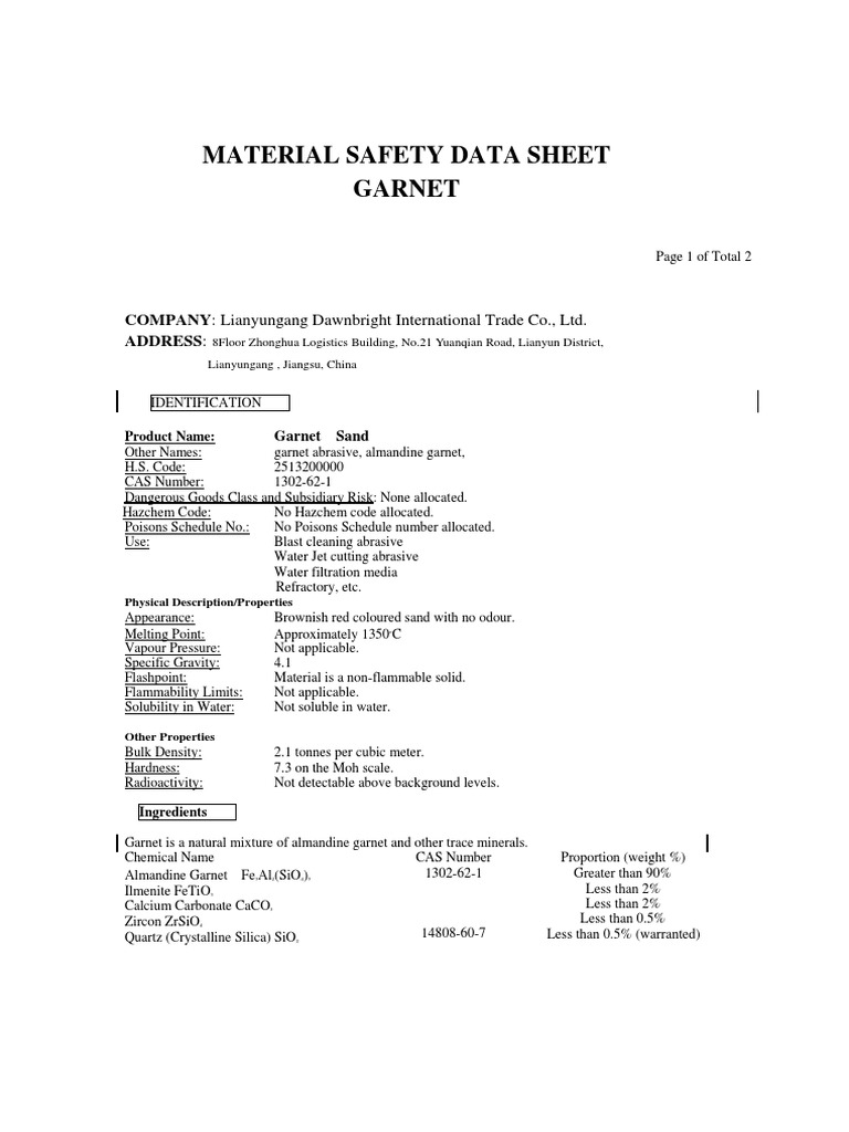 MSDS Garnet 1 | PDF | Dangerous Goods | Silicon Dioxide
