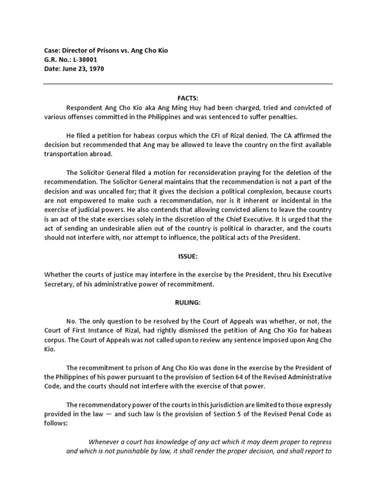 Case Digest: Director of Prisons vs. Ang Cho Kio | PDF | Prison ...
