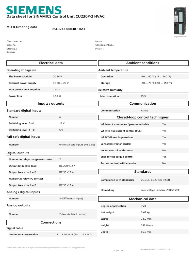 SINAMICS CU230P-2 HVAC Data Sheet | PDF | Control Theory | Relay