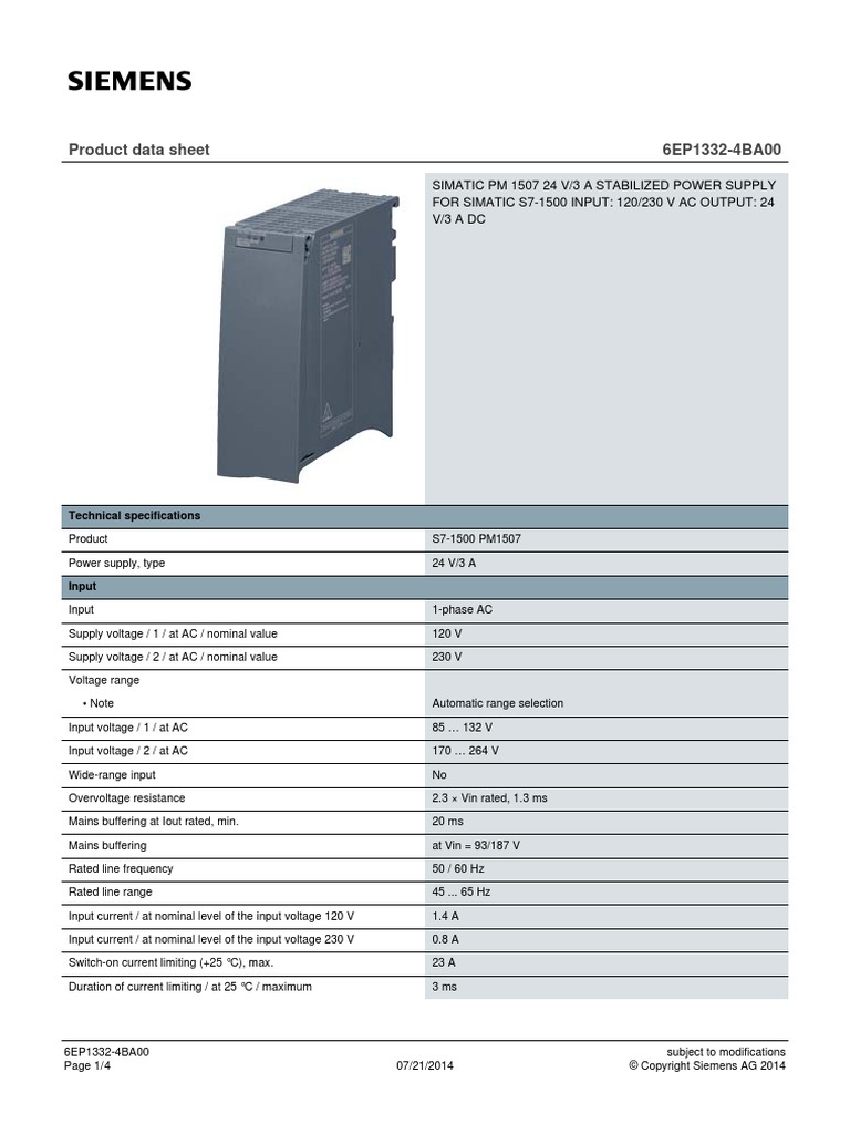 71. (6ep1332-4ba00) - Simatic Pm 1507 24v 3a Stabilized Power Supply ...