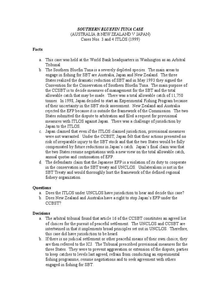 Southern Bluefin Tuna Case Summary | PDF | United Nations Convention On ...