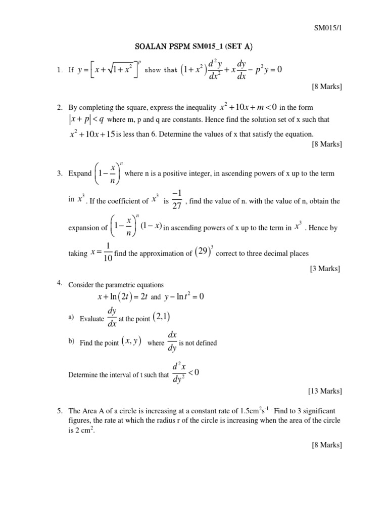 Set A PSPM Sm015 - 1 (Soalan) | PDF | Equations | Elementary Mathematics