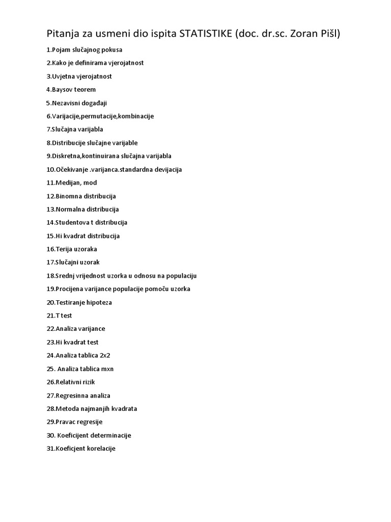 Pitanja Za Usmeni Dio Ispita STATISTIKE 2014 | PDF