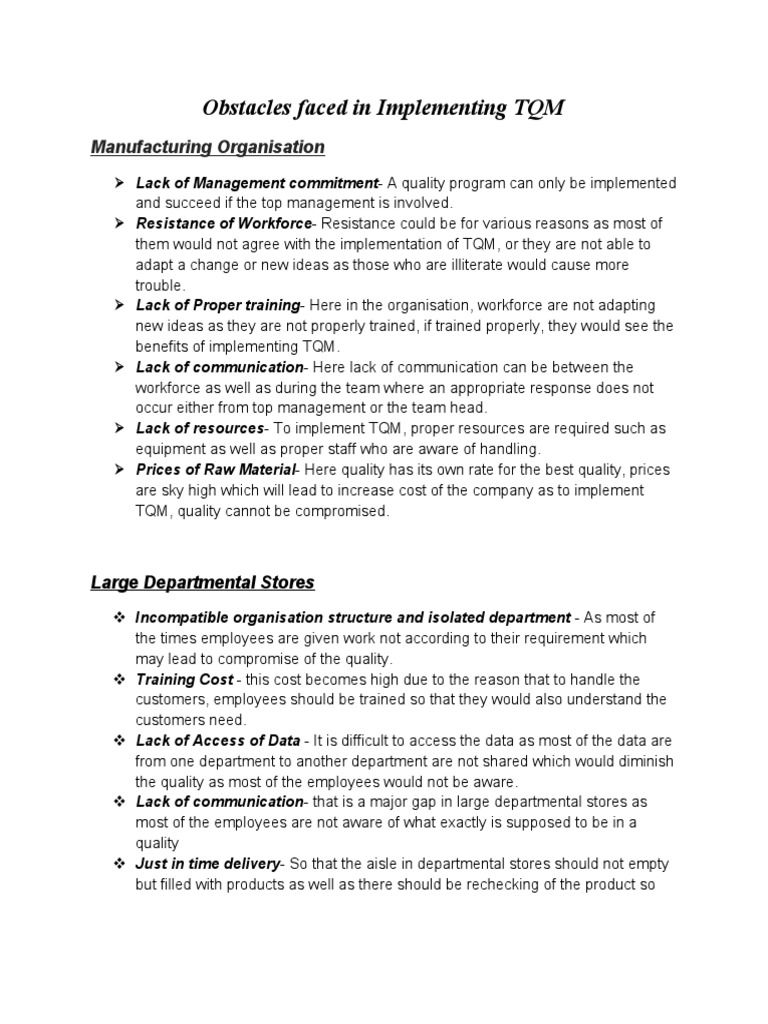 Obstacles Faced in Implementing TQM: Manufacturing Organisation | PDF ...