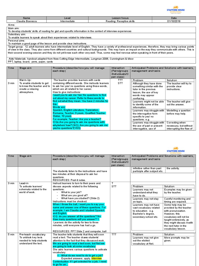 Lesson plan CELTA reading session | Question | Tutor