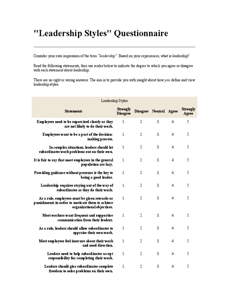 "Leadership Styles" Questionnaire | PDF | Leadership | Industrial And ...