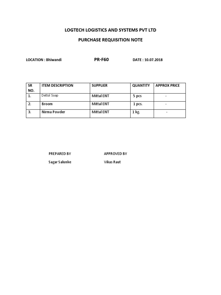 Logtech Logistics and Systems PVT LTD Purchase Requisition Note | PDF