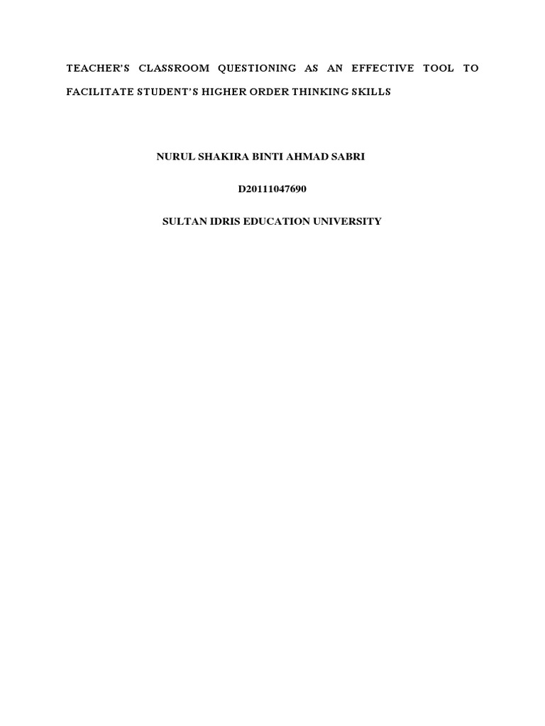 Teacher'S Classroom Questioning As An Effective Tool To Facilitate ...