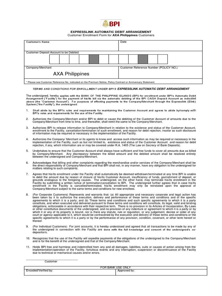 BPI Automatic Debit Enrollment Form | PDF | Debit Card | Contractual Term