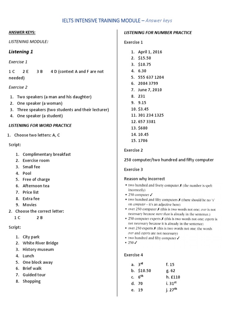 Answer Keys - Ielts Intensive-Session 1-4 | PDF | International English ...