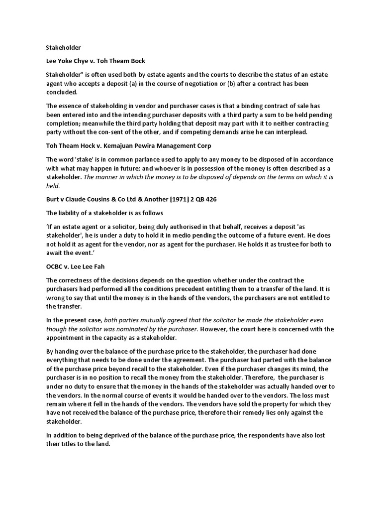 Case Note On Stakeholder (LLB Malaysian Land Law) | PDF | Solicitor ...