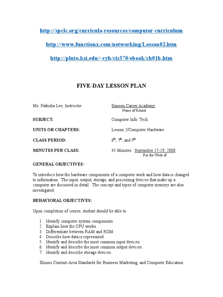 Grade 7 Computer Hardware Lesson Plan | PDF | Input/Output | Computer ...