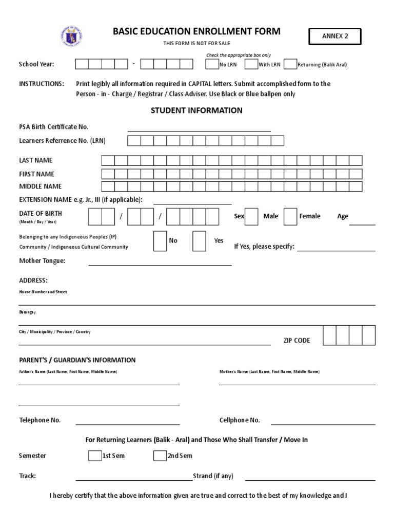 Basic Enrolment Form - Annex 2 DepEd Order 3 s2018 | Birth Certificate ...